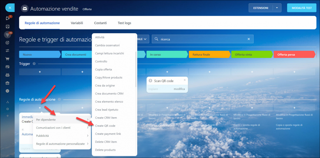 Regole di automazione: crea codice QR | scansiona il codice QR